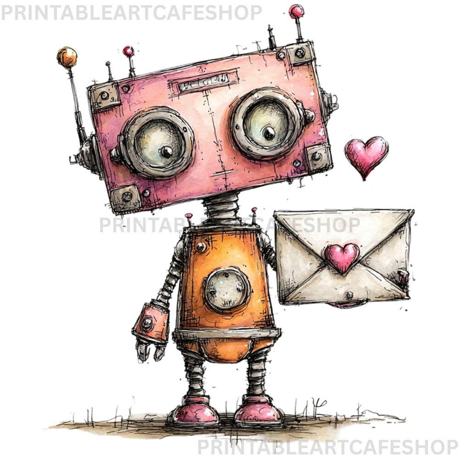 Valentine Robot Clipart Watercolor Digital Love Characters PNG ...