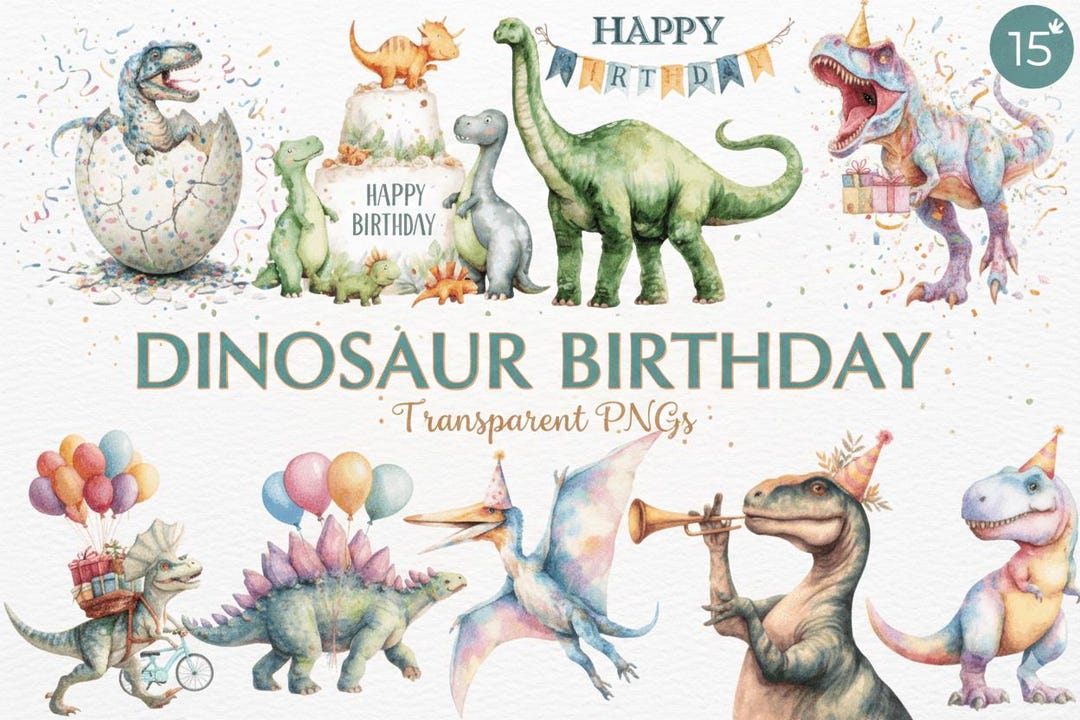 Watercolor Dinosaur Birthday Clipart PNG Transparent Party Graphics ...
