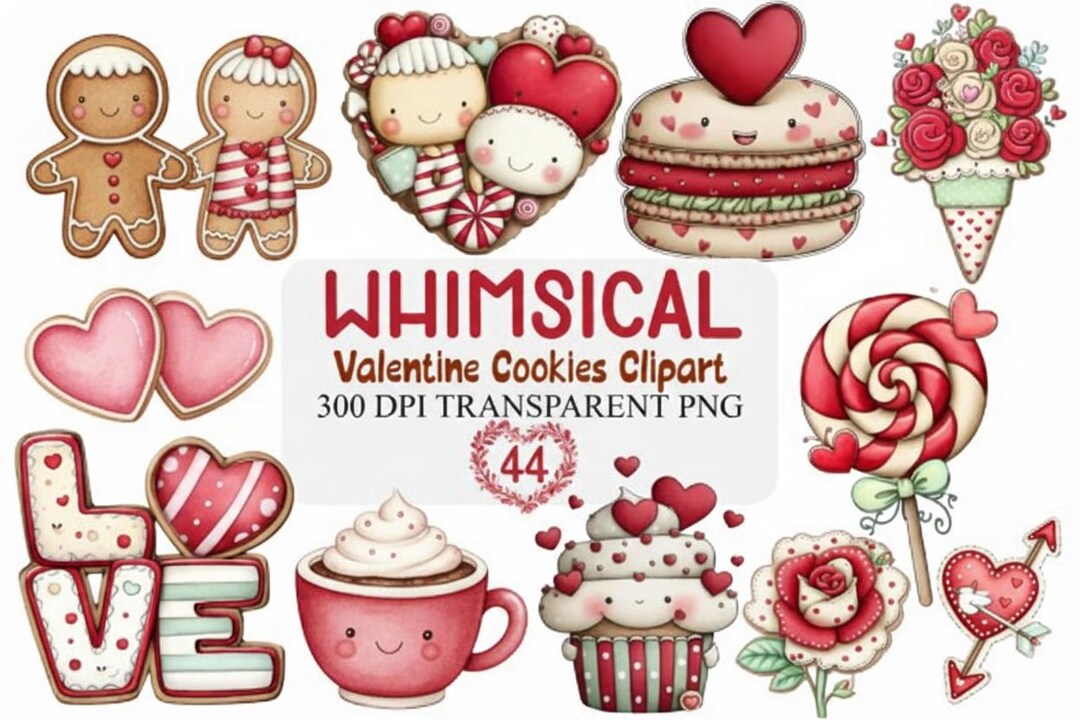 Whimsical Valentine Cookies Clipart Bundle Romantic Dessert ...