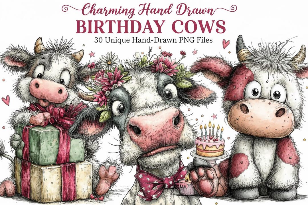 Whimsical Birthday Cow Clipart Bundle 30 PNG Hand Drawn 3600px Farm ...