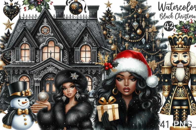 Luxury Black Christmas Clipart Bundle Elegant Holiday PNG Illustrations ...