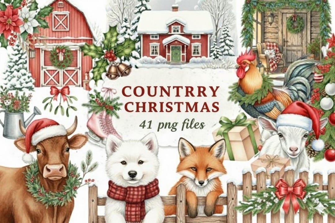 Country Christmas Clipart Bundle Farm Animals Winter Holiday PNG Set ...