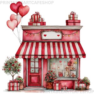 Valentine Day Shop Watercolor Clipart Romantic Storefront Illustration ...