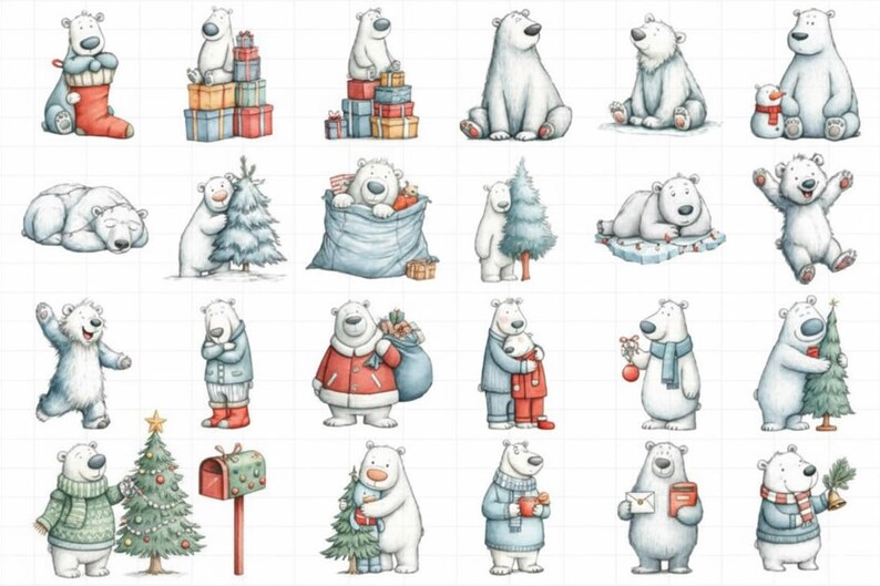 Watercolor Christmas Polar Bear Clipart Bundle 47 PNG Images Winter ...