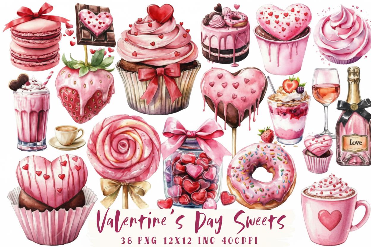 Valentines Day Sweet Clipart Bundle Romantic Dessert Illustrations PNG ...