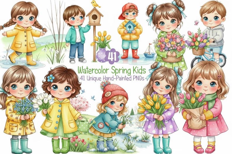 Watercolor Spring Kids Clipart PNG Bundle Pastel Children Graphics ...