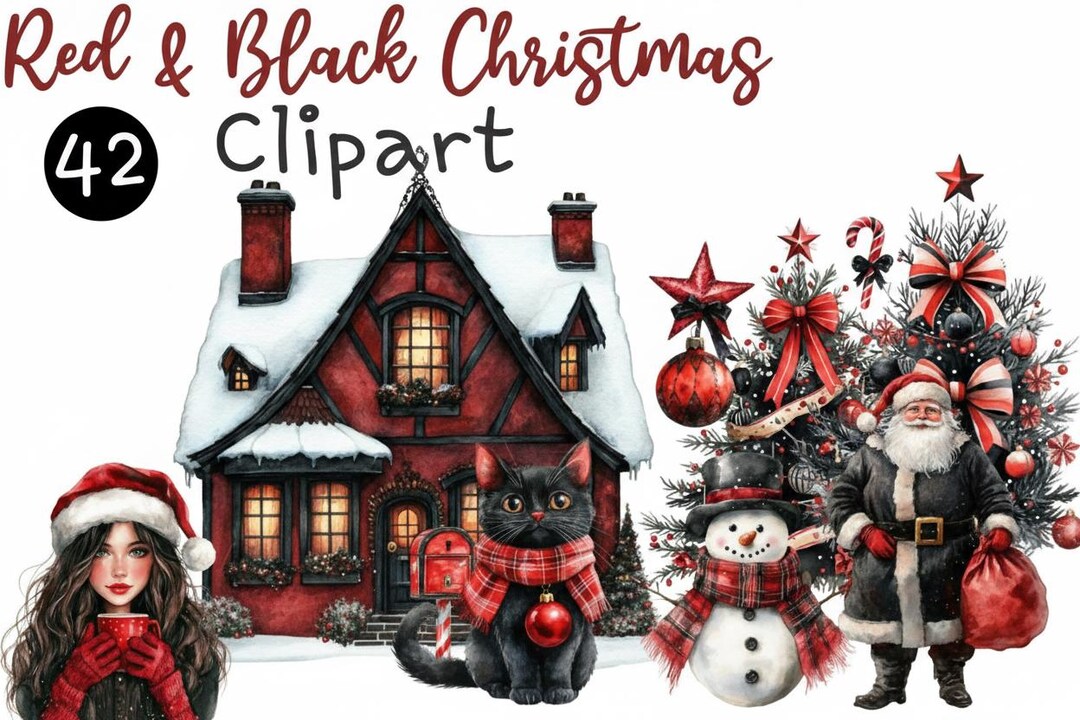 Red Black Christmas Clipart Holiday PNG Bundle Festive Winter Artwork ...