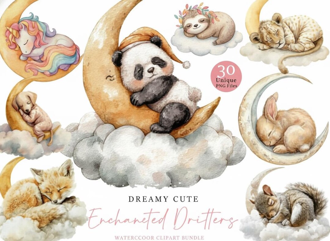 Dreamy Safari Animals Clipart Watercolor PNG Soft Pastel Nursery Sleepy ...