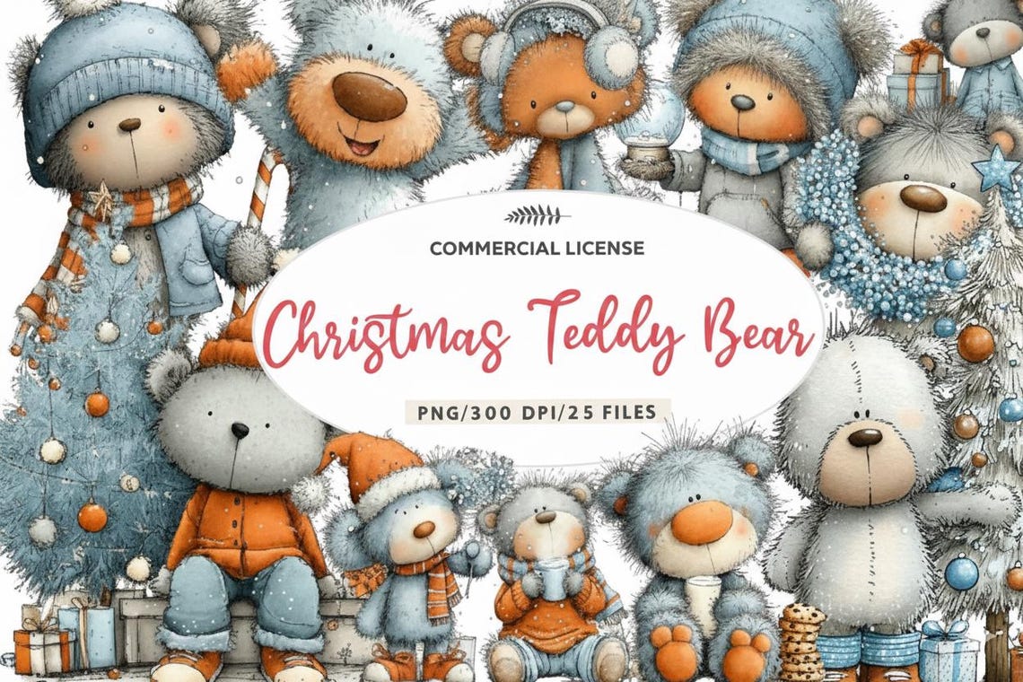 Christmas Teddy Bear Clipart Bundle Winter Animals PNG Holiday Art Illustration Set - Etsy