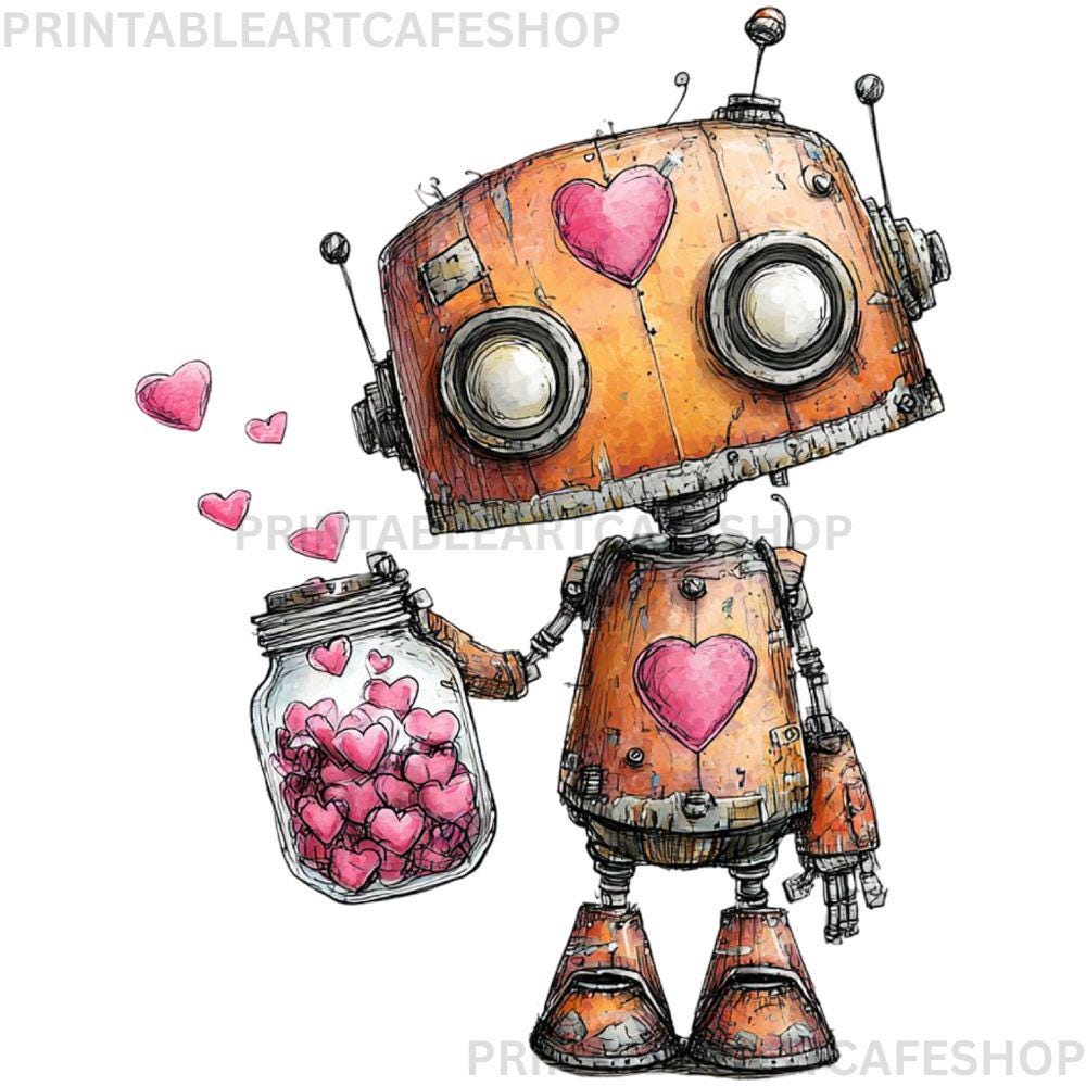 Valentine Robot Clipart Watercolor Digital Love Characters PNG ...