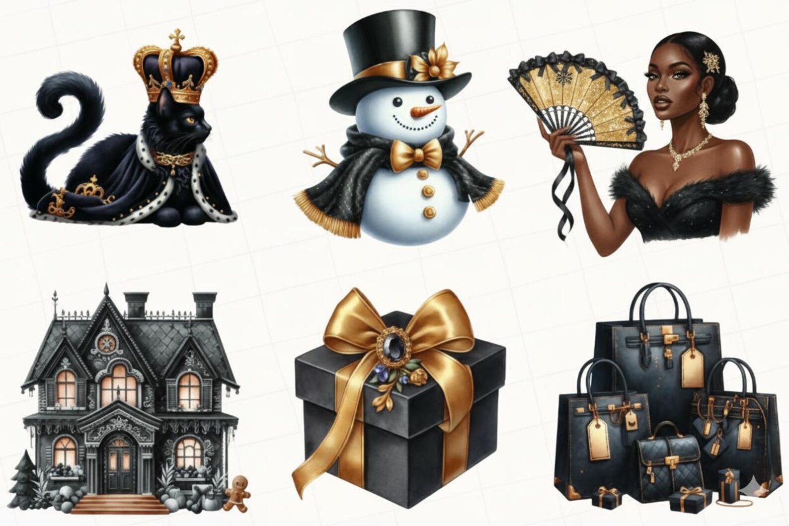 Luxury Black Christmas Clipart Bundle Elegant Holiday PNG Illustrations ...
