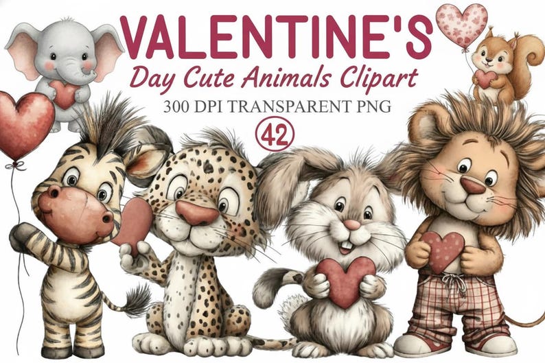 Valentine Animals Clipart Love Hearts Baby Wildlife PNG Kawaii Cartoon ...