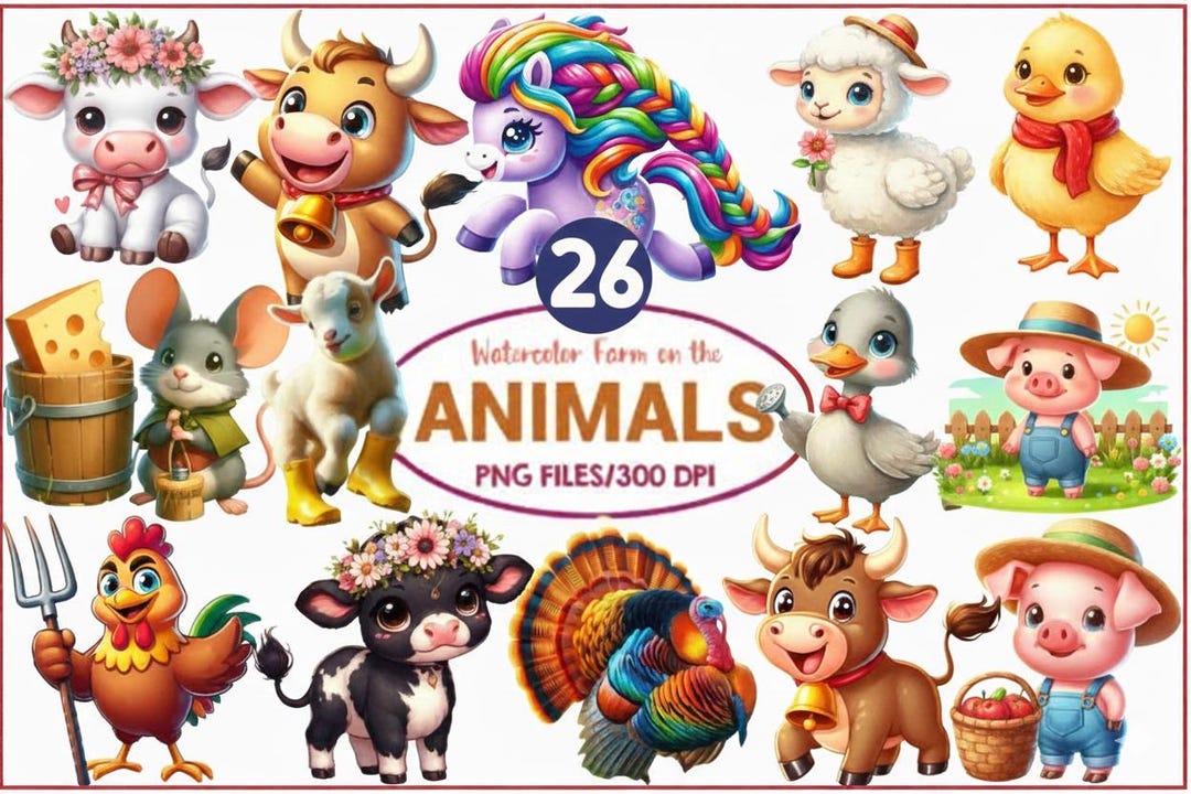 Farm Animals Clipart Watercolor PNG Pastel Illustration Transparent ...