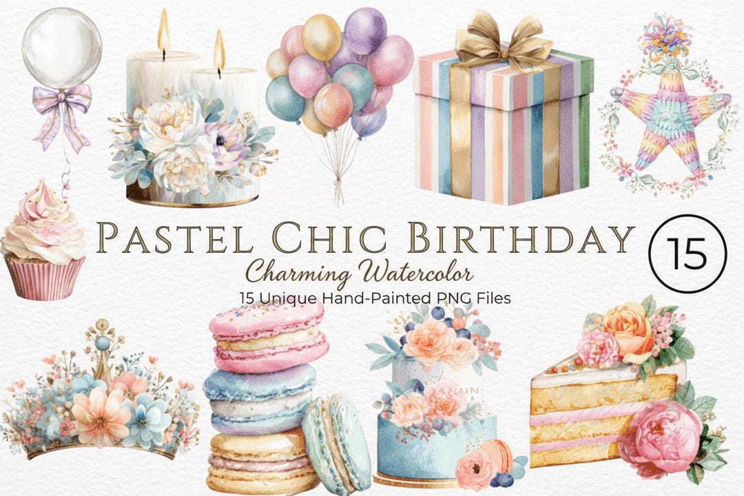 Pastel Birthday Clipart Bundle Watercolor PNG 4000px Transparent Party ...