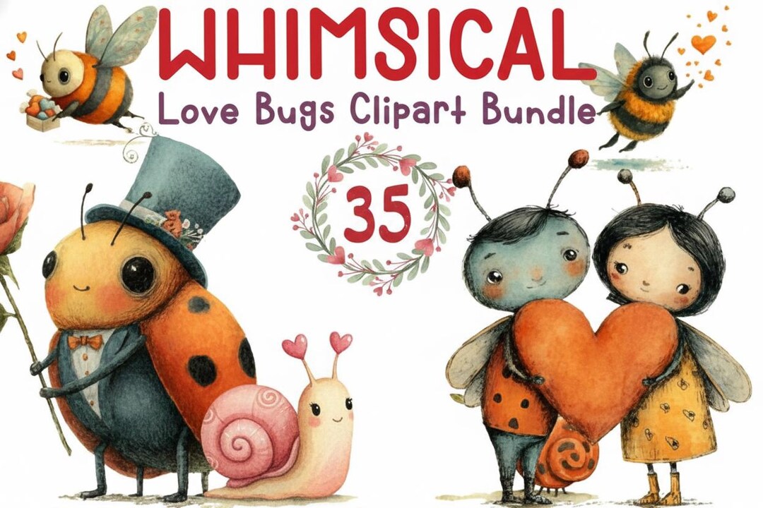 Whimsical Love Bugs Clipart Watercolor Valentine PNG Insect Romantic ...