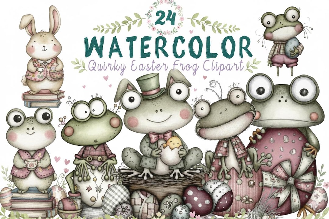 Watercolor Quirky Easter Frog Clipart Spring Toad PNG Digital Art ...