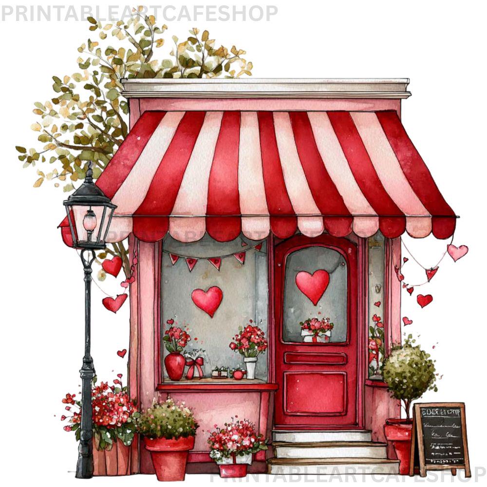 Valentine Day Shop Watercolor Clipart Romantic Storefront Illustration ...
