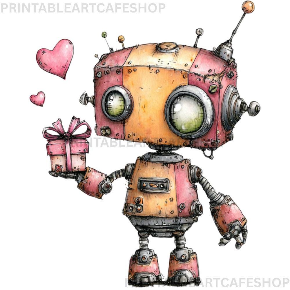 Valentine Robot Clipart Watercolor Digital Love Characters PNG ...