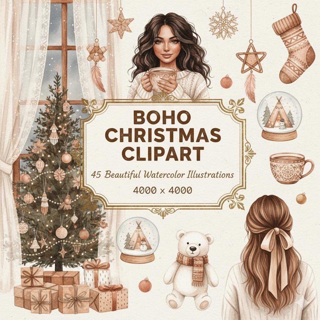 Boho Christmas Clipart Bundle Rustic Holiday PNG Set Winter Art ...