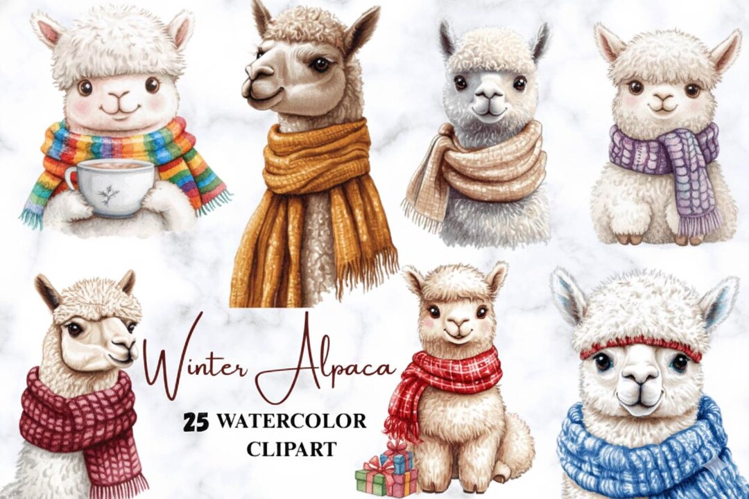 Winter Alpaca Clipart Bundle Cozy Animal Illustrations PNG High ...