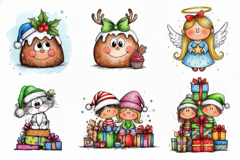 Watercolor Cute Cartoon Christmas Clipart | 40 PNG | Santa Reindeer ...