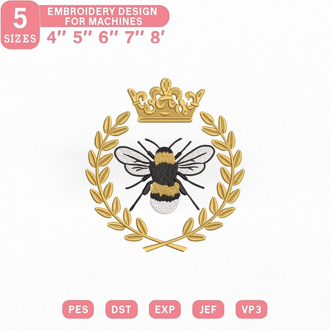 Royal Bee Embroidery Design, Crown Bee Laurel Wreath, Cute Insect ...