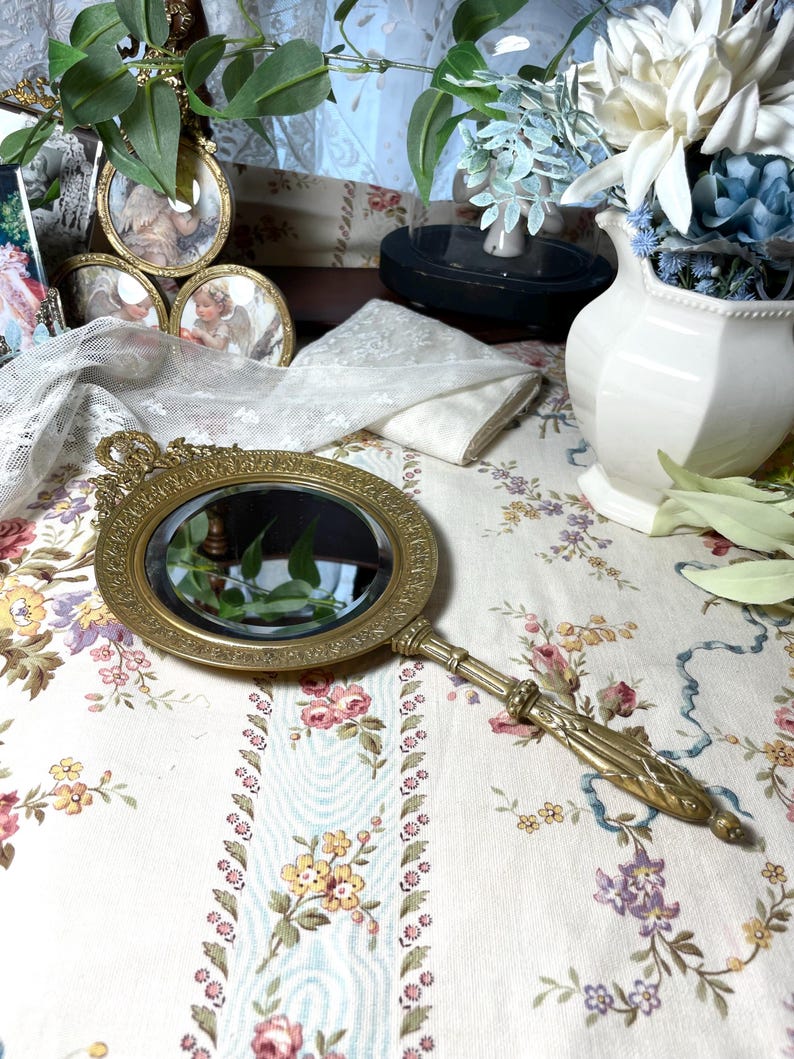 Antique Bronze Hand Mirror With Engraved Ribbon Garland, 19th Century ...