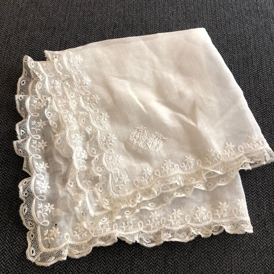 Antique French Embroidered Wedding Handkerchief: White Thread Monogram ...
