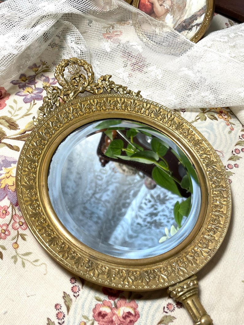 Antique Bronze Hand Mirror With Engraved Ribbon Garland, 19th Century ...