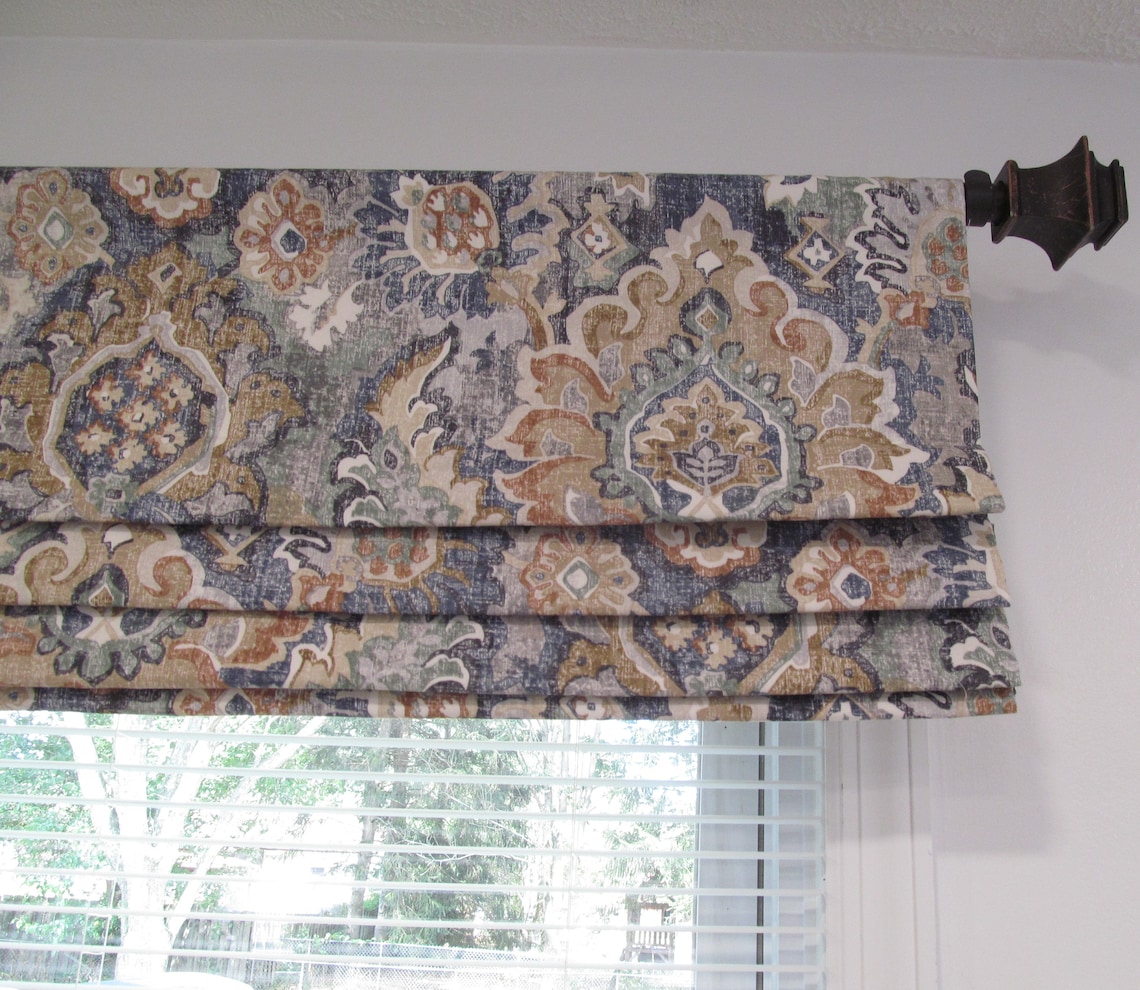 Medallion Faux Roman Shade/ Fake Roman Shades in Mood Blue/ Lined Mock ...