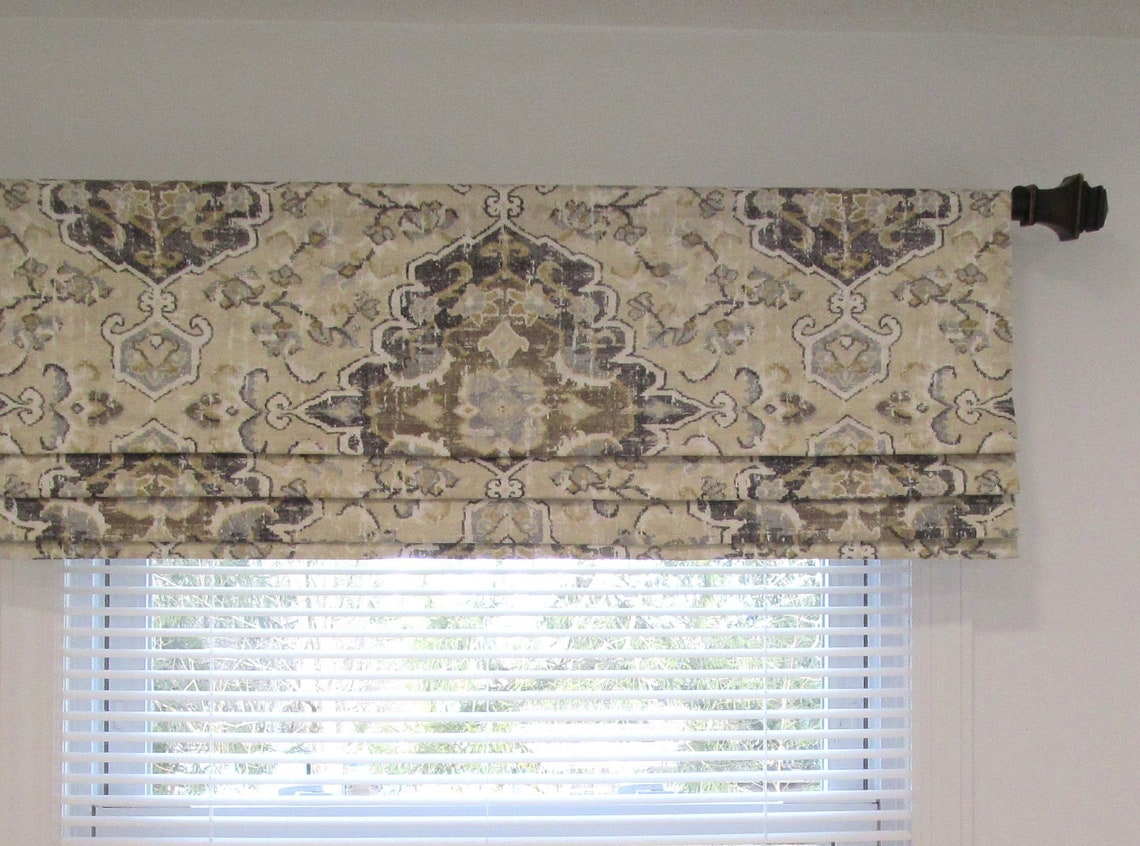 Faux Roman Shade/ Lined Roman Valance/ Boho Oriental Grey-beige Ikat ...