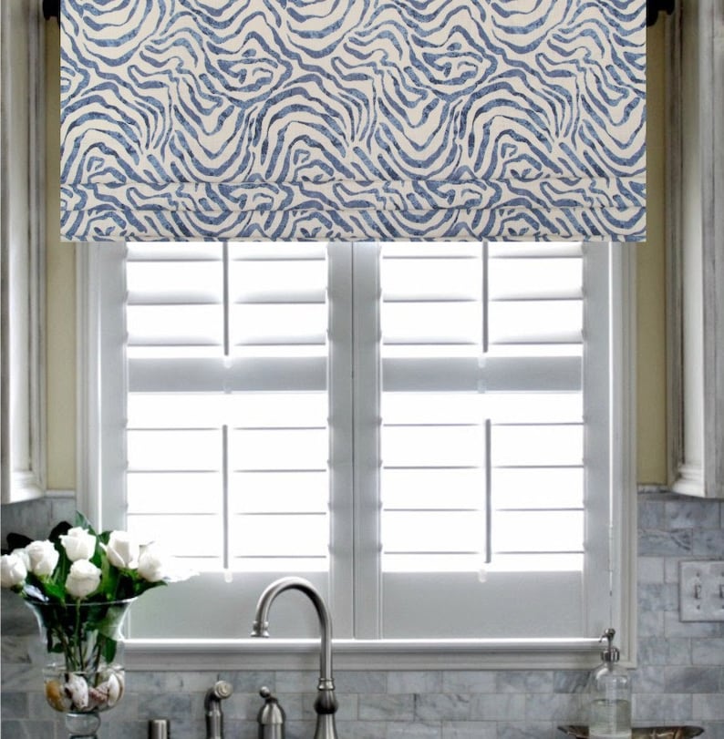 Faux-fake Roman Shade/ Indigo Blue Watercolor Mock Valance/ Stationary ...