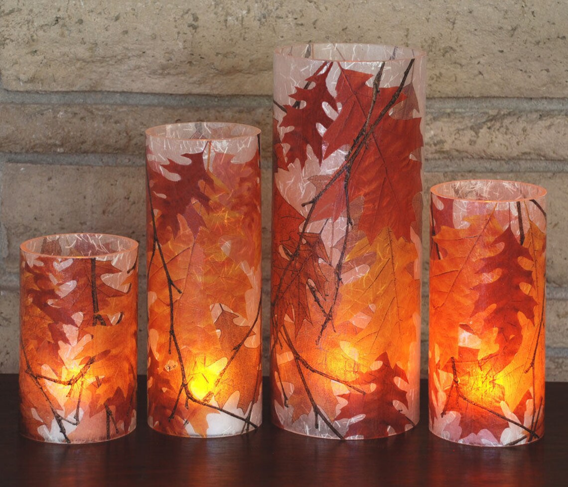 Fall Colors Candle Cover With Pin Oak Leaves, Includes 1 Free Electric ...