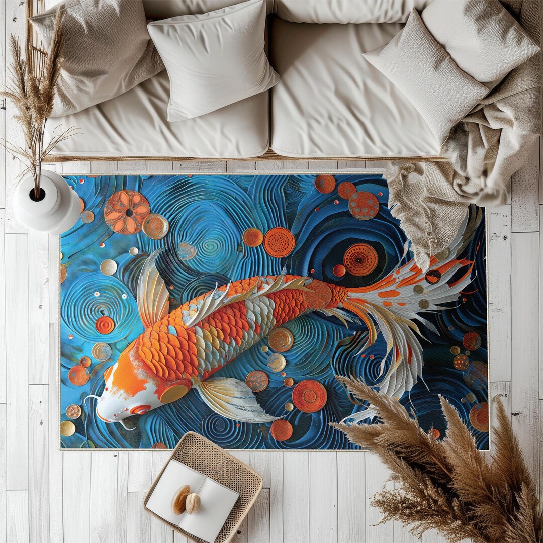 Koi Fish Decor, Stained Glass Rug, Artistic Koi Fish Rug, Living Room ...
