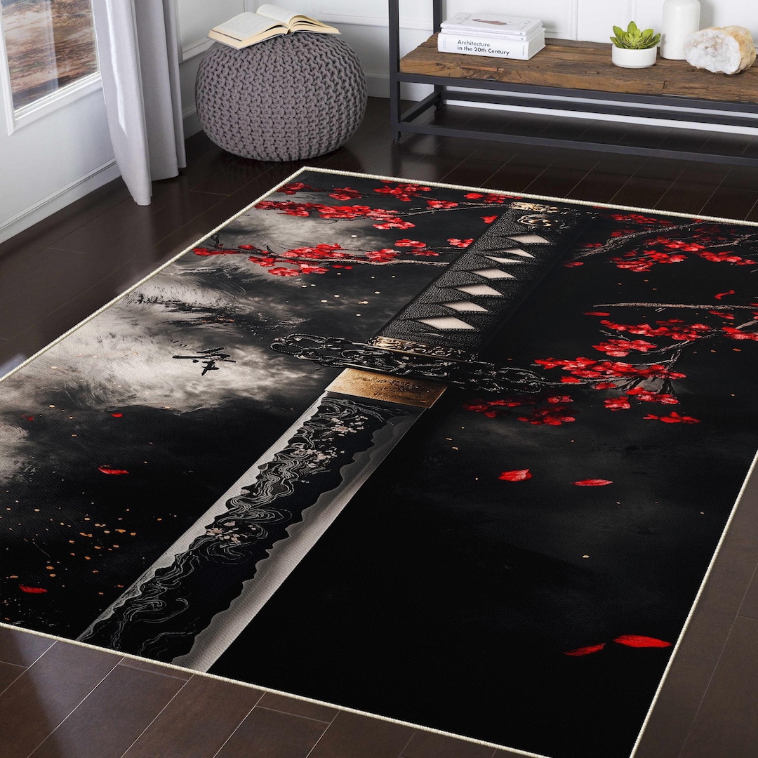 Samurai Sword Red Black Digital Print Area Rug, Geek Room Wallpaper ...