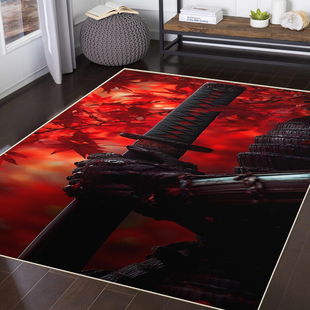 Japanese Samurai Sword Digital Print Rug, Modern Rug, Geek Room, Non ...