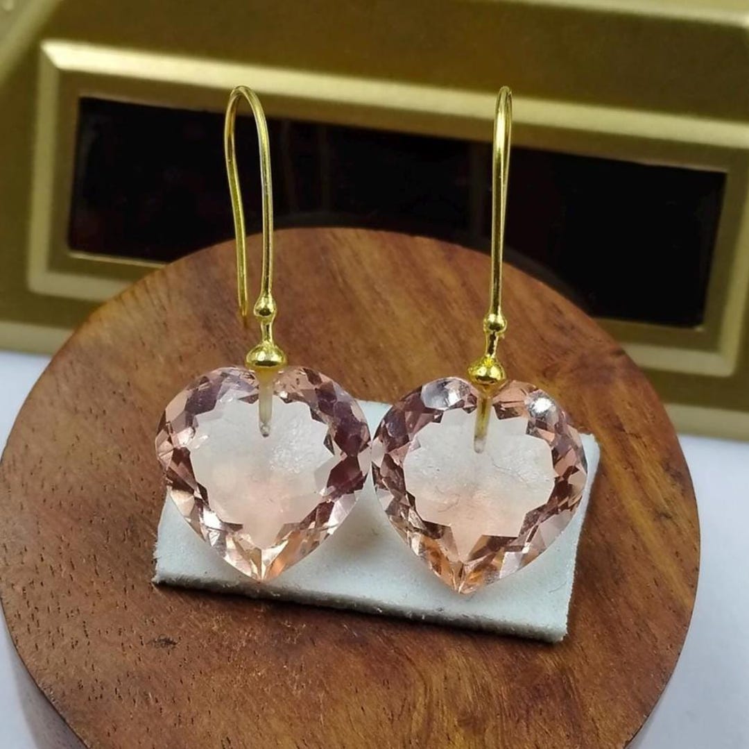 Gold Morganite Earrings :heart Shape Dangle Drop, 925 Sterling Silver ...