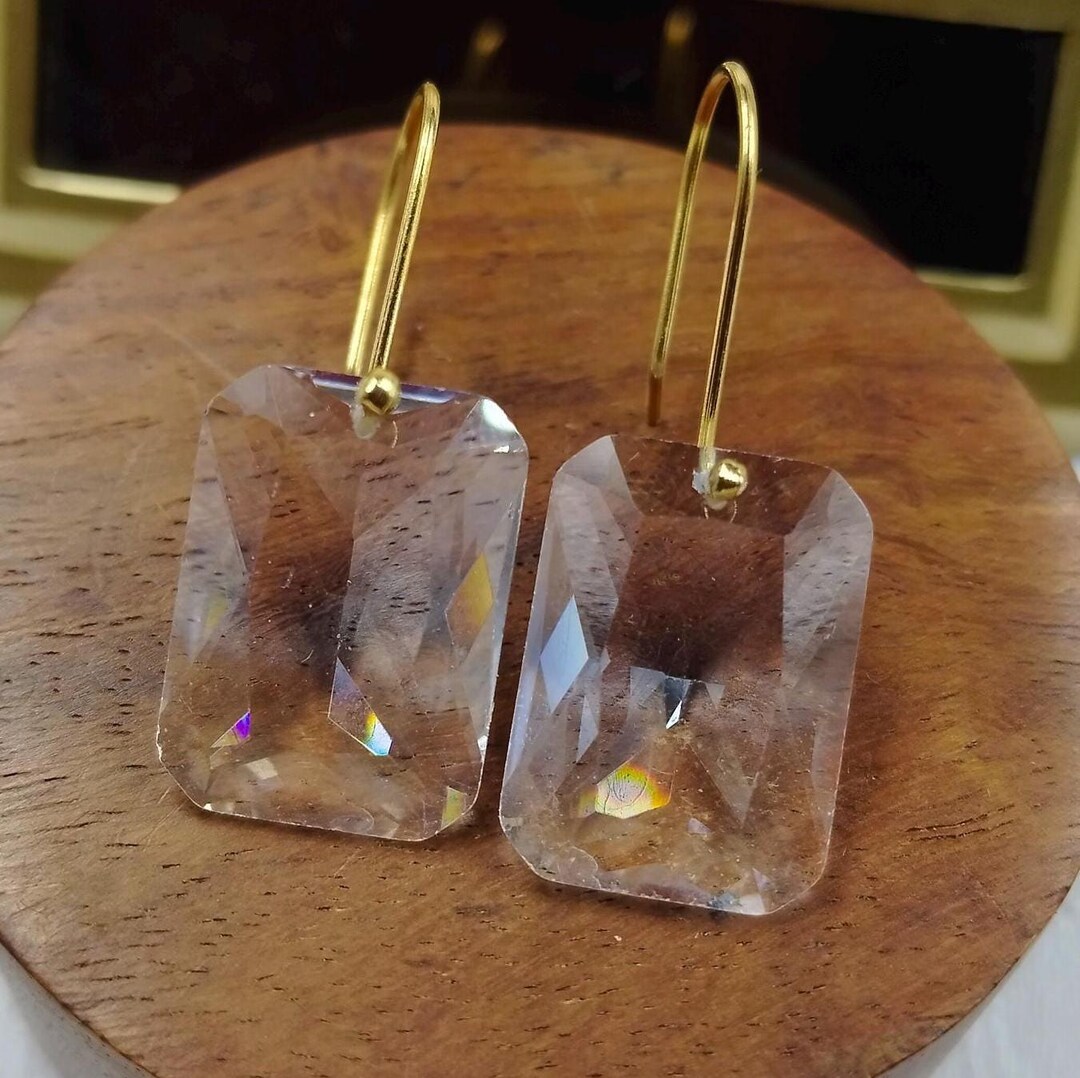 Sterling Silver Rock Crystal Drop Earrings, Rectangle Dangle - Etsy