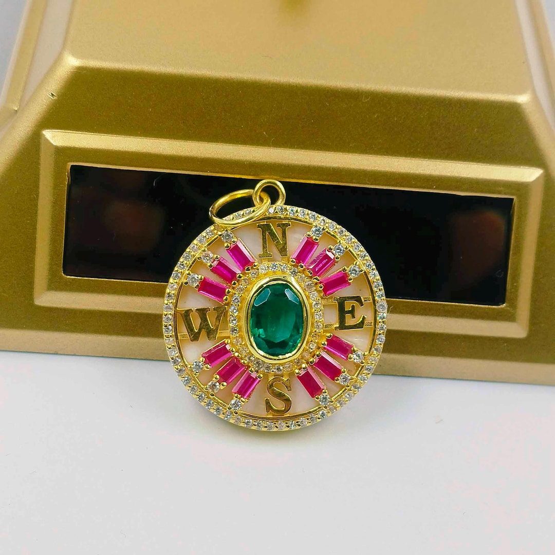 Emerald Compass Pendant, 925 Sterling Silver Ruby Diamond Medallion ...