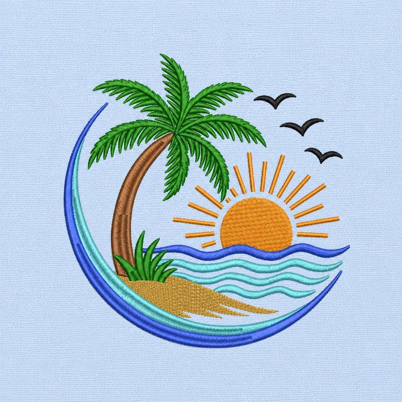 Coastal Palm Tree Sunset Embroidery Design, Ocean Wave Beach Machine ...