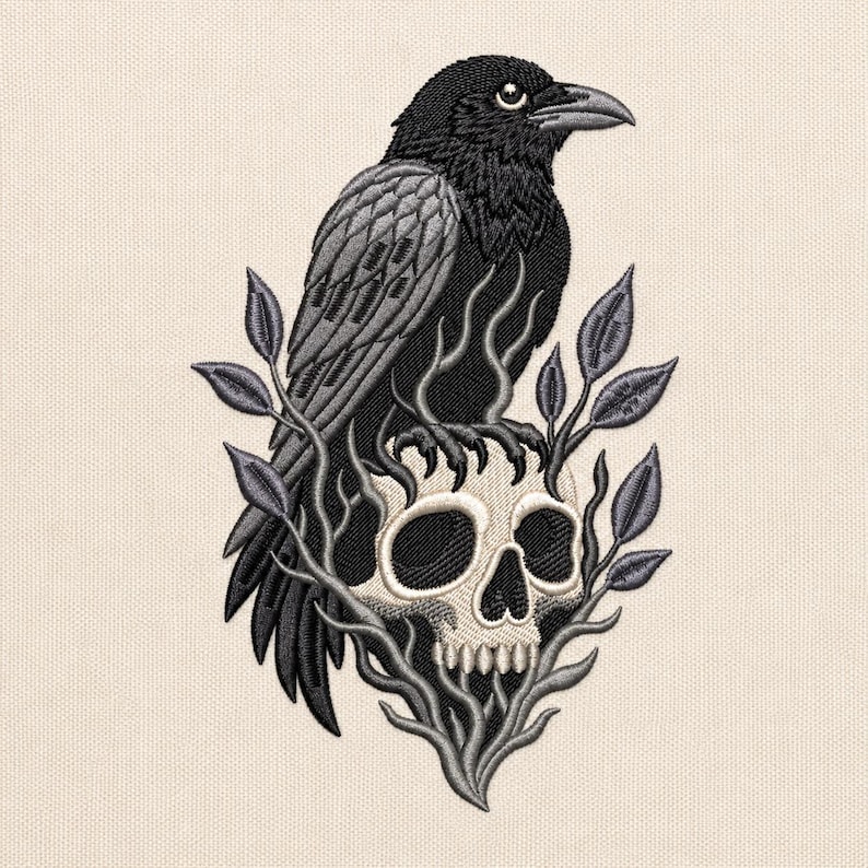 Raven Skull Embroidery Design, Gothic Botanical Art, Dark Nature ...
