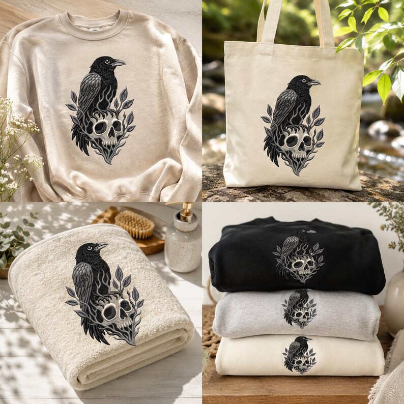 Raven Skull Embroidery Design, Gothic Botanical Art, Dark Nature ...