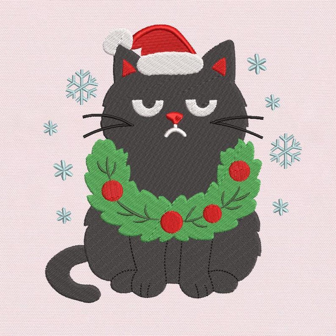 Grumpy Black Christmas Cat Embroidery Design, Funny Holiday Kitty ...