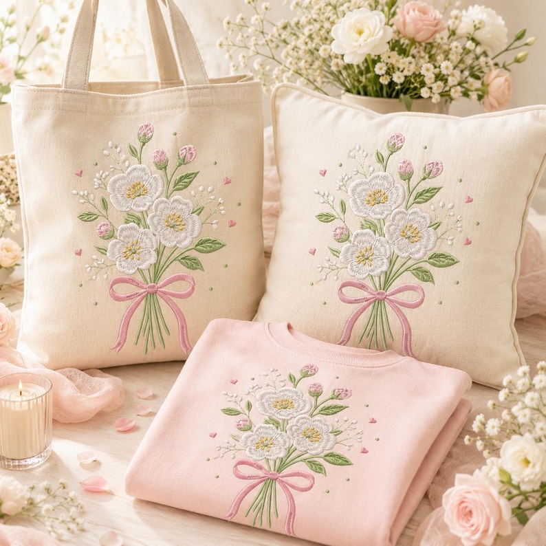 White Blossom Bouquet Embroidery Design, Pink Bow Floral Machine Stitch ...