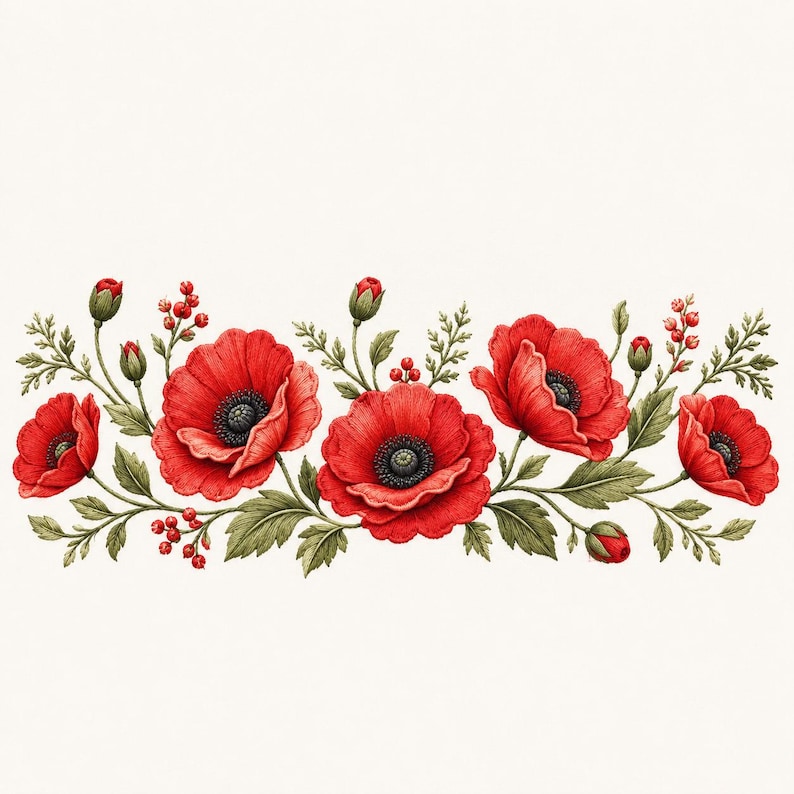 Red Poppy Floral Embroidery Design, Botanical Border Stitch Pattern (5 ...