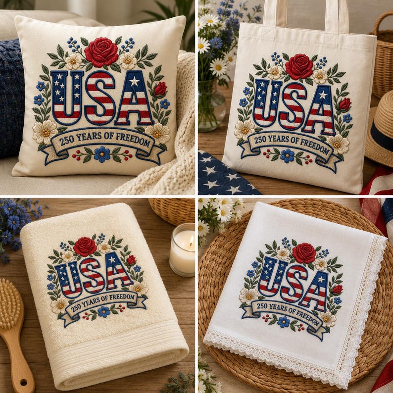 USA 250 Years Embroidery Design, Patriotic Floral Machine Embroidery ...