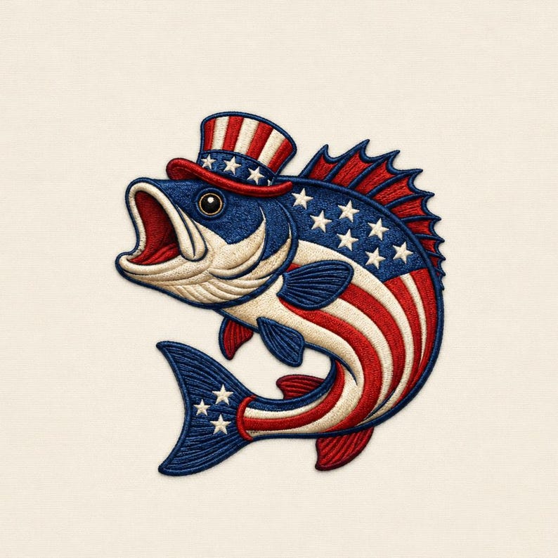 Patriotic Bass Fish Embroidery Design, American Flag Fishing Machine ...