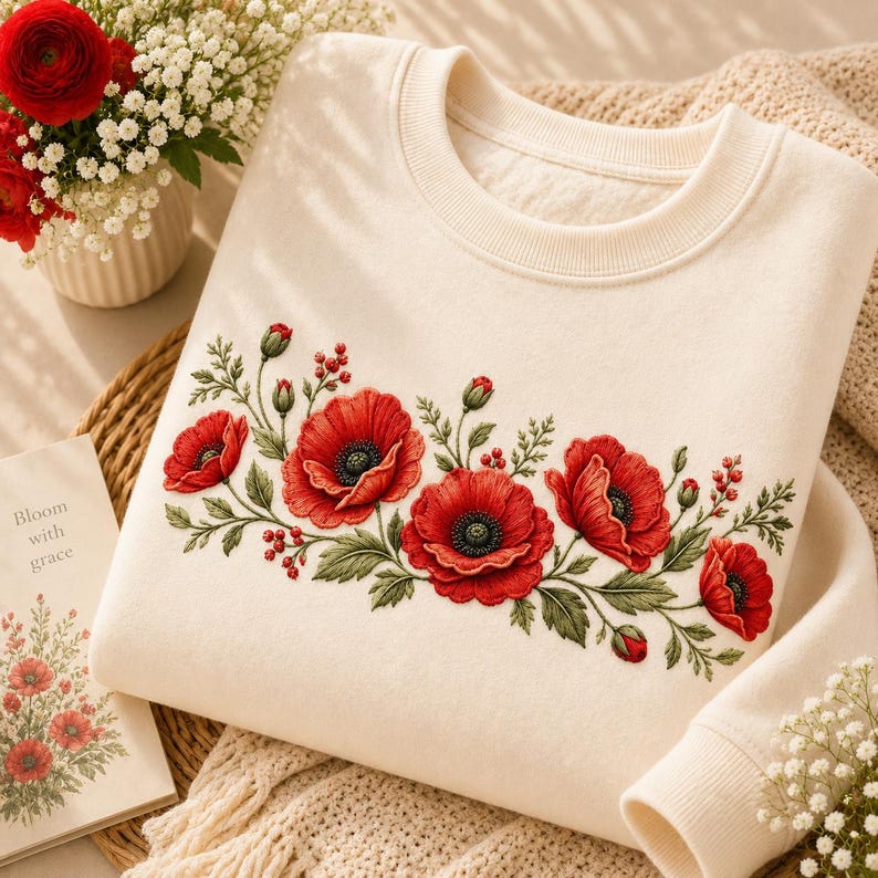 Red Poppy Floral Embroidery Design, Botanical Border Stitch Pattern (5 ...