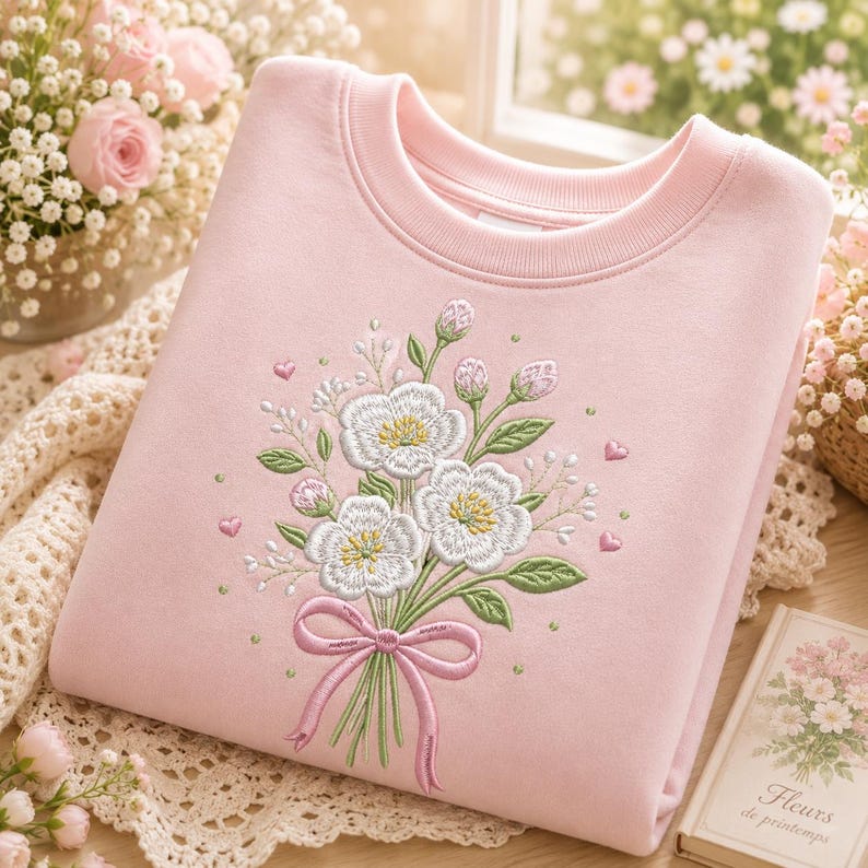 White Blossom Bouquet Embroidery Design, Pink Bow Floral Machine Stitch ...