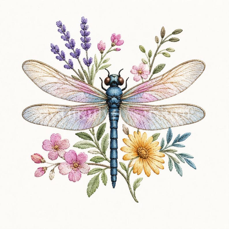 Dragonfly Wildflower Embroidery Design, Floral Insect Machine ...